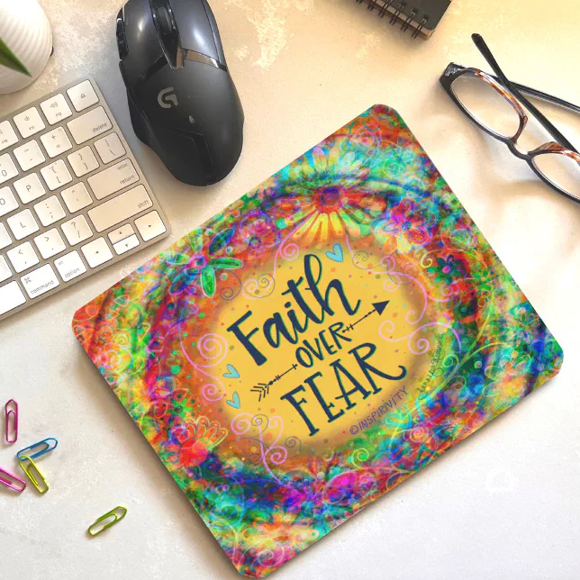 Inspirational Boho Colorful Faith over Fear Mouse Pad | Zazzle