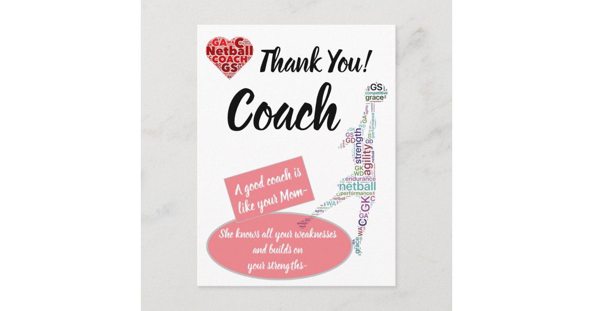 Inspirational Quote Netball Coach Thank You Postcard | Zazzle
