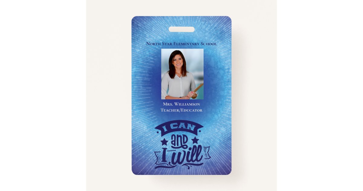 Inspiring Blue School Staff Teacher ID Photo Badge | Zazzle