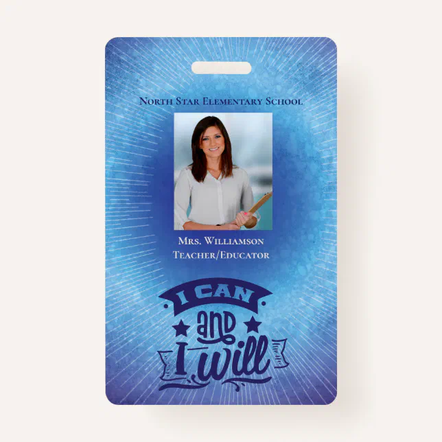 Inspiring Blue School Staff Teacher ID Photo Badge | Zazzle