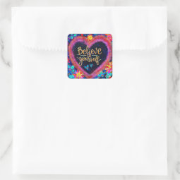 Inspirivity Believe in Yourself Heart Floral Square Sticker | Zazzle