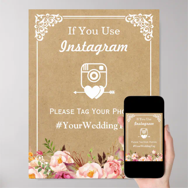 Instagram Hashtag Wedding Sign | Floral Kraft | Zazzle