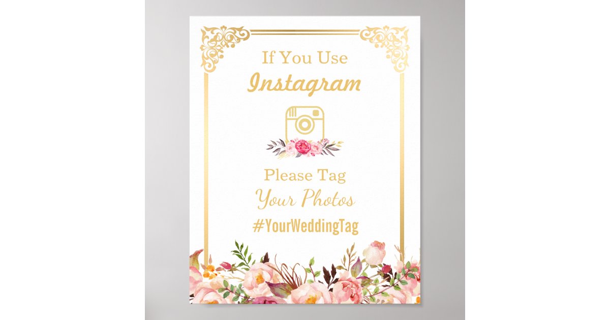 Instagram Wedding Sign | Vintage Gold Frame Floral | Zazzle