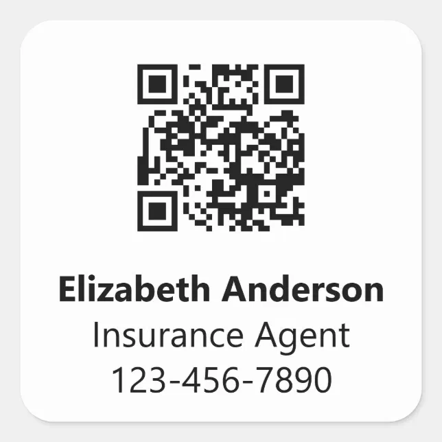 Insurance Agent Name Black and White QR Code Square Sticker | Zazzle