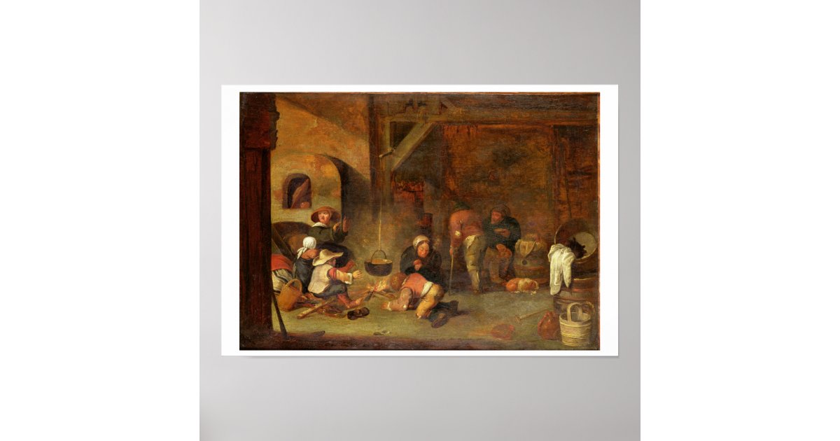 Interior of a barn with peasants warming themselve poster | Zazzle
