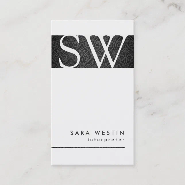 Interpreter Special Skills Monogram Black Damask Business Card | Zazzle