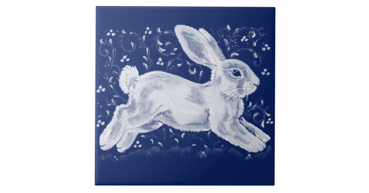 Intricate Dark Blue White Rabbit Swirl Navy Cobalt Ceramic Tile | Zazzle