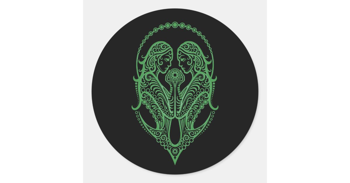 Intricate Green Gemini Zodiac on Black Classic Round Sticker | Zazzle