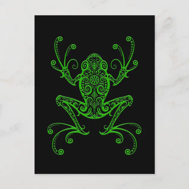 Intricate Green Tree Frog on Black Postcard | Zazzle