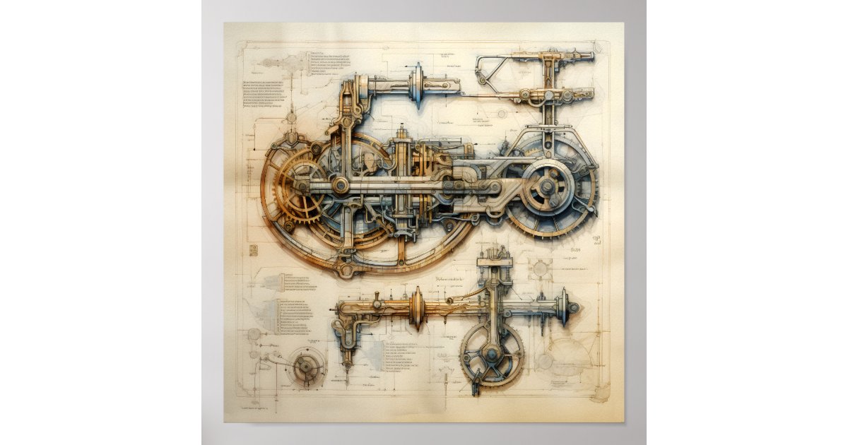 Intricate Machine Blueprint Poster | Zazzle
