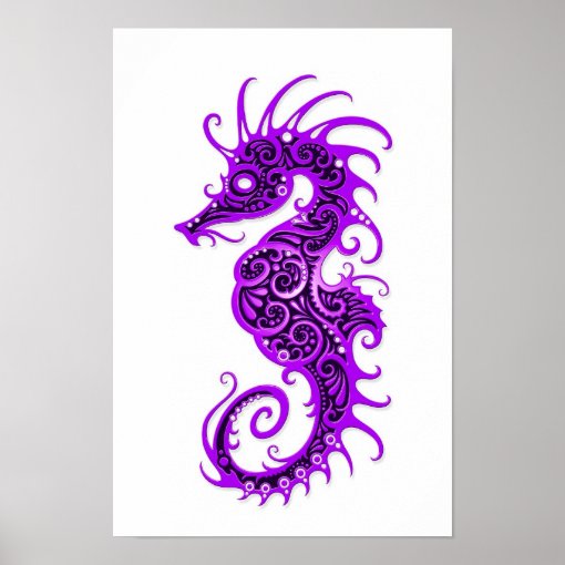 Intricate Purple Seahorse Design on White Poster | Zazzle