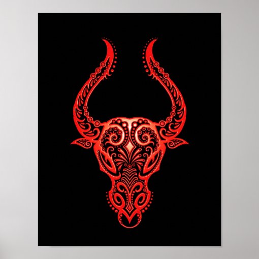 Intricate Red Taurus Zodiac on Black Poster | Zazzle