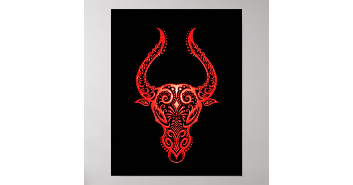 Intricate Red Taurus Zodiac on Black Poster | Zazzle