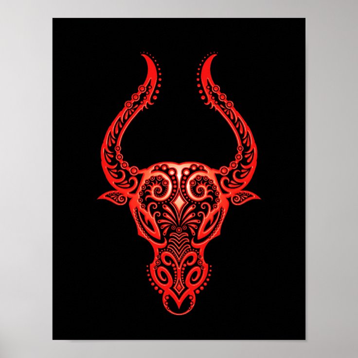 Intricate Red Taurus Zodiac on Black Poster | Zazzle