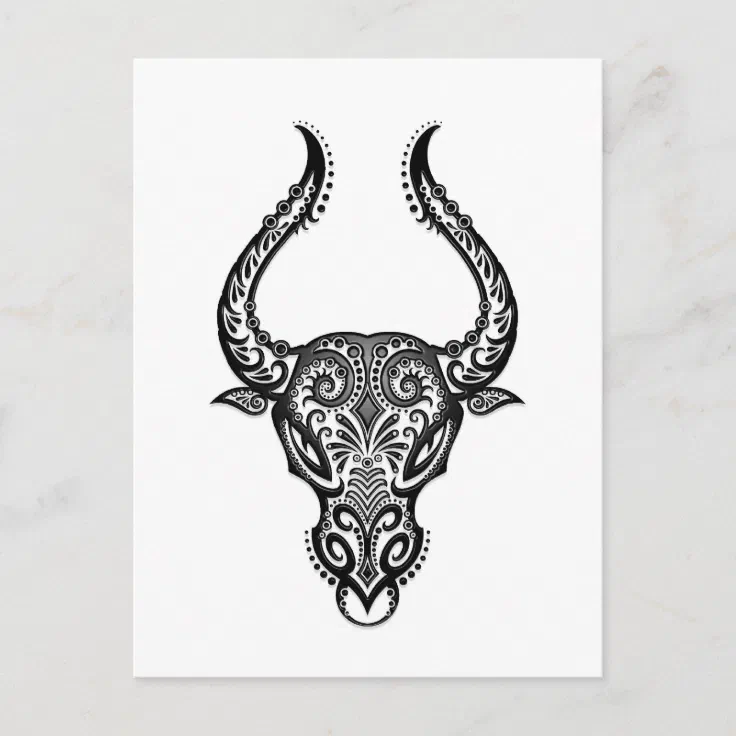 Intricate White Taurus Zodiac on Black Postcard | Zazzle