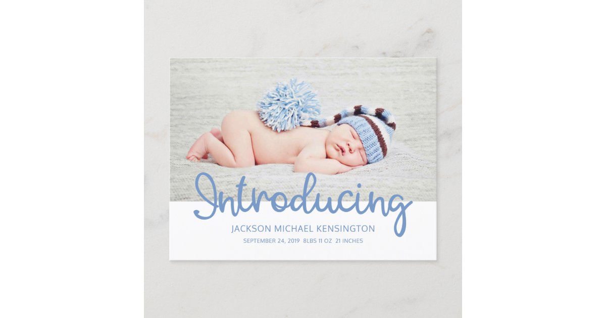 Introducing Baby Boy Blue Typography Photo Announcement Postcard | Zazzle