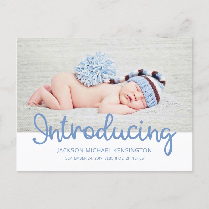 Introducing Baby Boy Blue Typography Photo Announcement Postcard | Zazzle