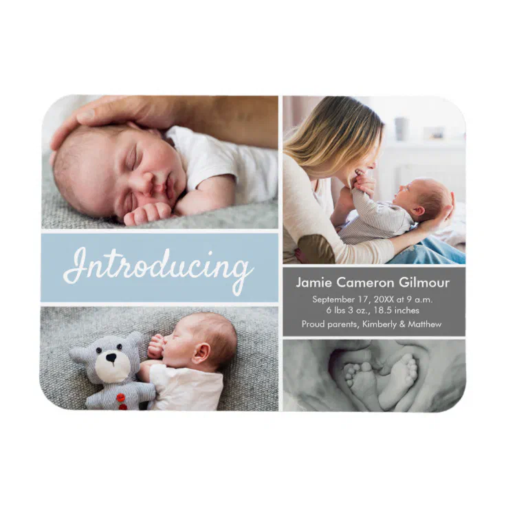 Introducing baby boy photo collage modern blue magnet | Zazzle