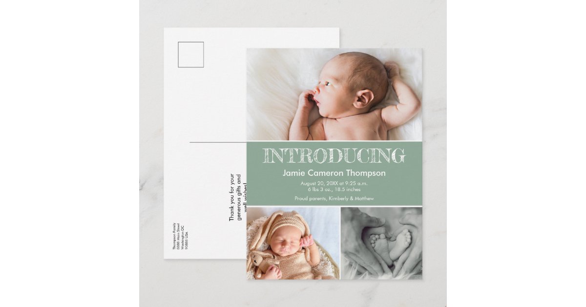 Introducing Green Baby Photos Birth Announcement Postcard | Zazzle