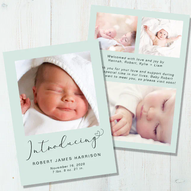 Introducing Photos Baby Birth Mint Announcement | Zazzle