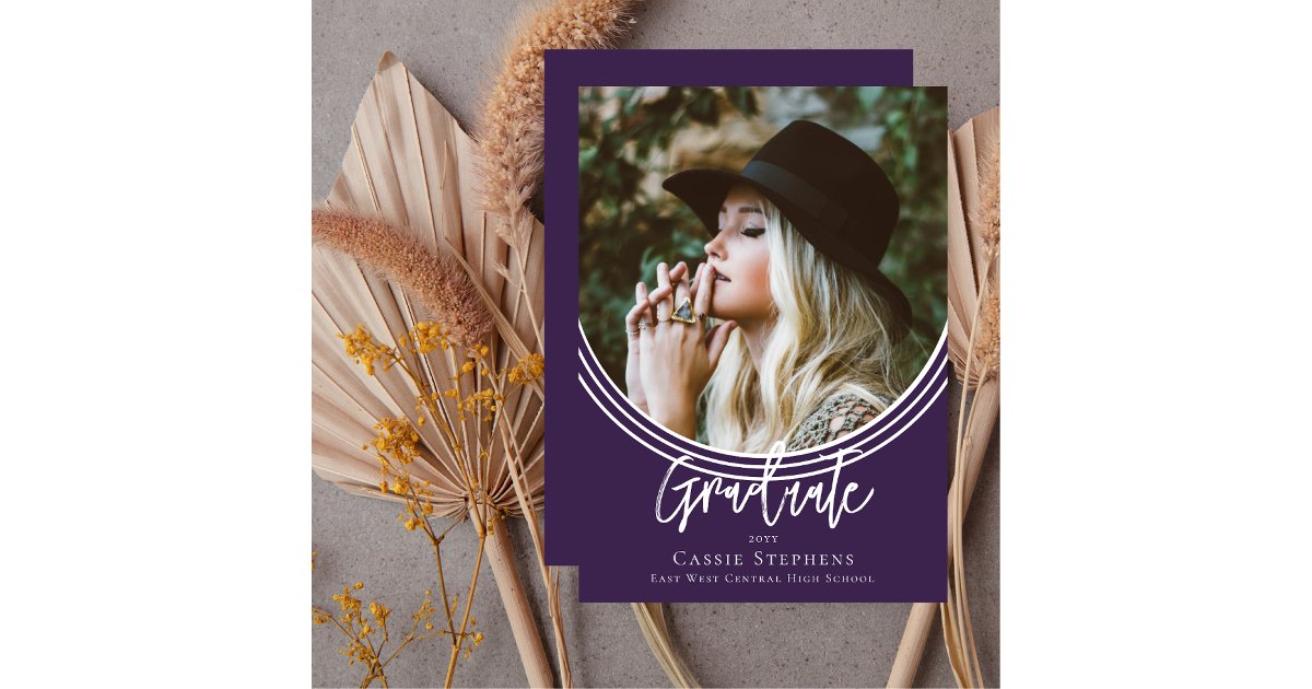 Inverted Arch Trendy Script Graduate Photo Purple Invitation | Zazzle