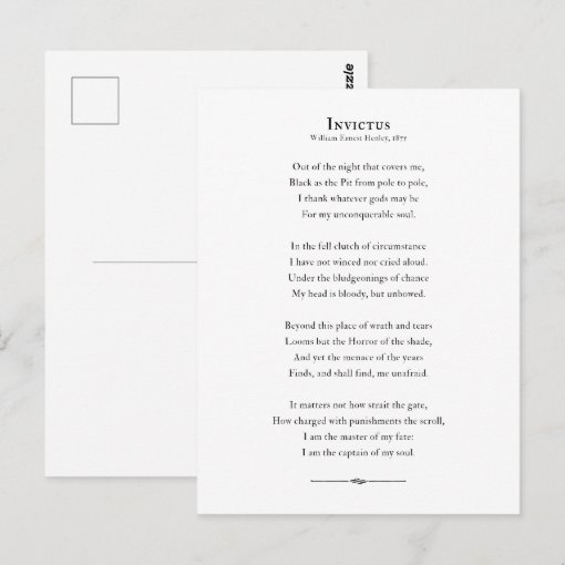 Invictus Poem, inspirational poetry quote Postcard | Zazzle