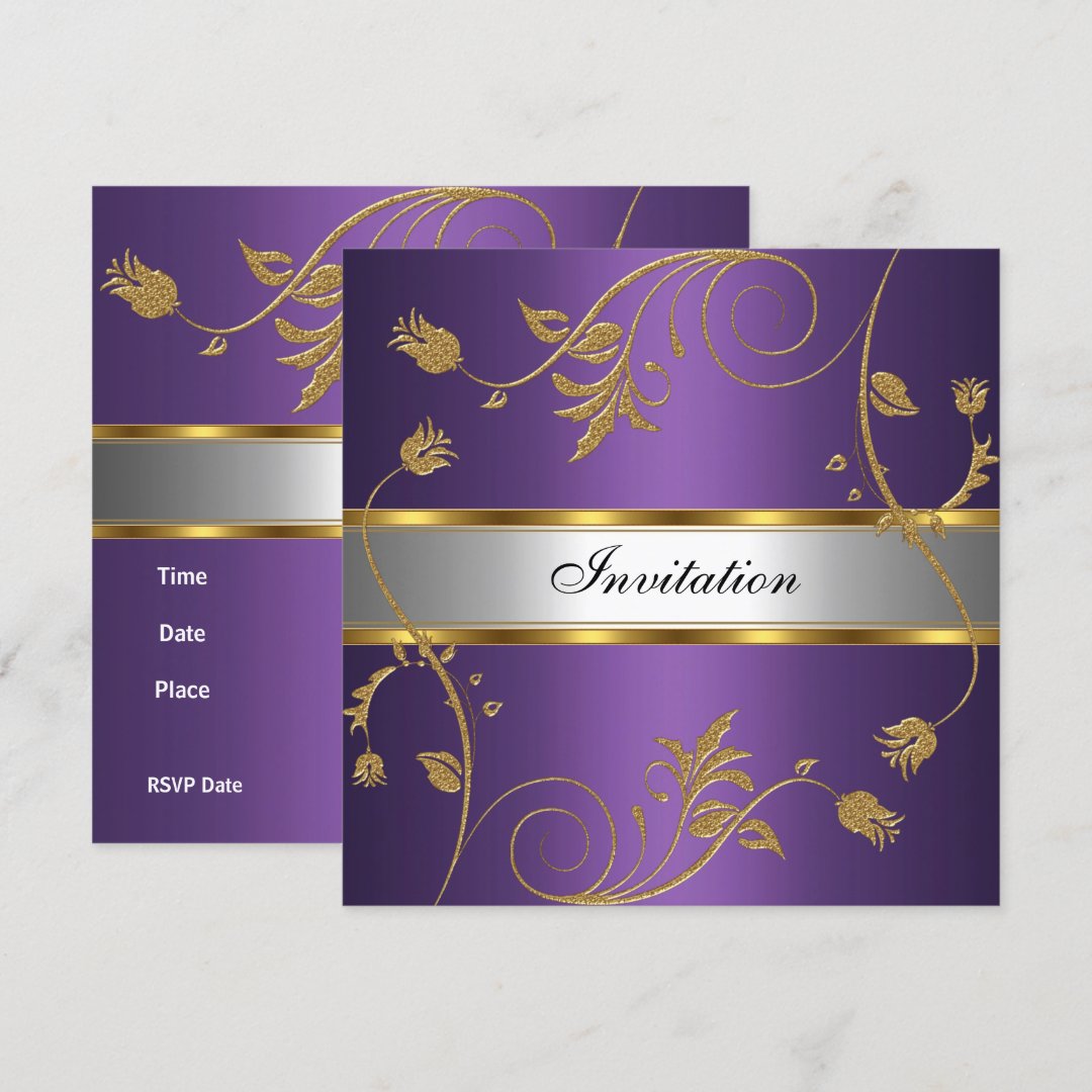 Invitation Elegant Purple Gold Silver Floral | Zazzle