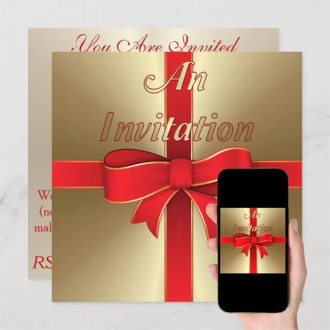 Invitation - Red Bow & Ribbon on Gold | Zazzle