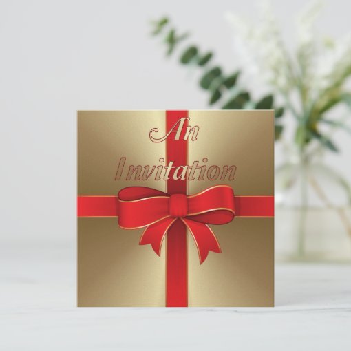 Invitation - Red Bow & Ribbon on Gold | Zazzle