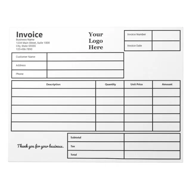 Invoice Black and White Business Logo Template Notepad | Zazzle