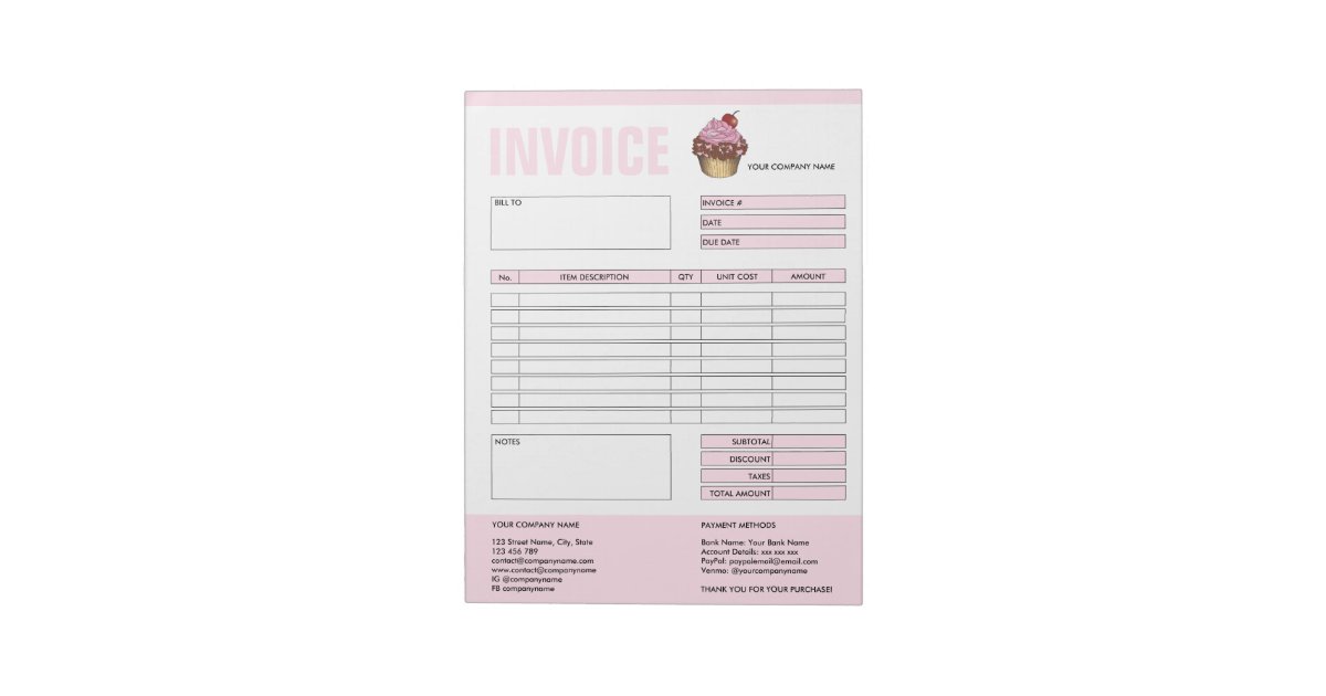 Invoice Form Business Quotation Bakery cake sweets Notepad | Zazzle