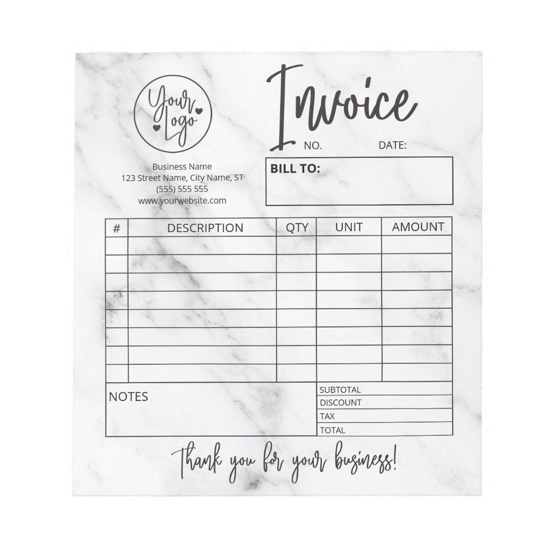 Invoice Sales Form Receipt Business Logo Marble Notepad | Zazzle