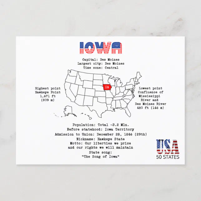Iowa American state on a map and useful info Holiday Postcard | Zazzle