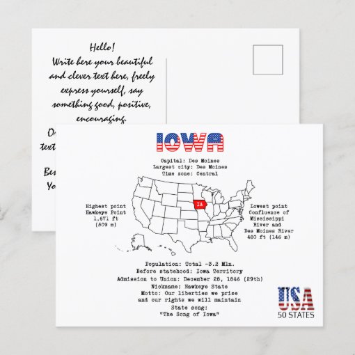 Iowa American state on a map and useful info Holiday Postcard | Zazzle