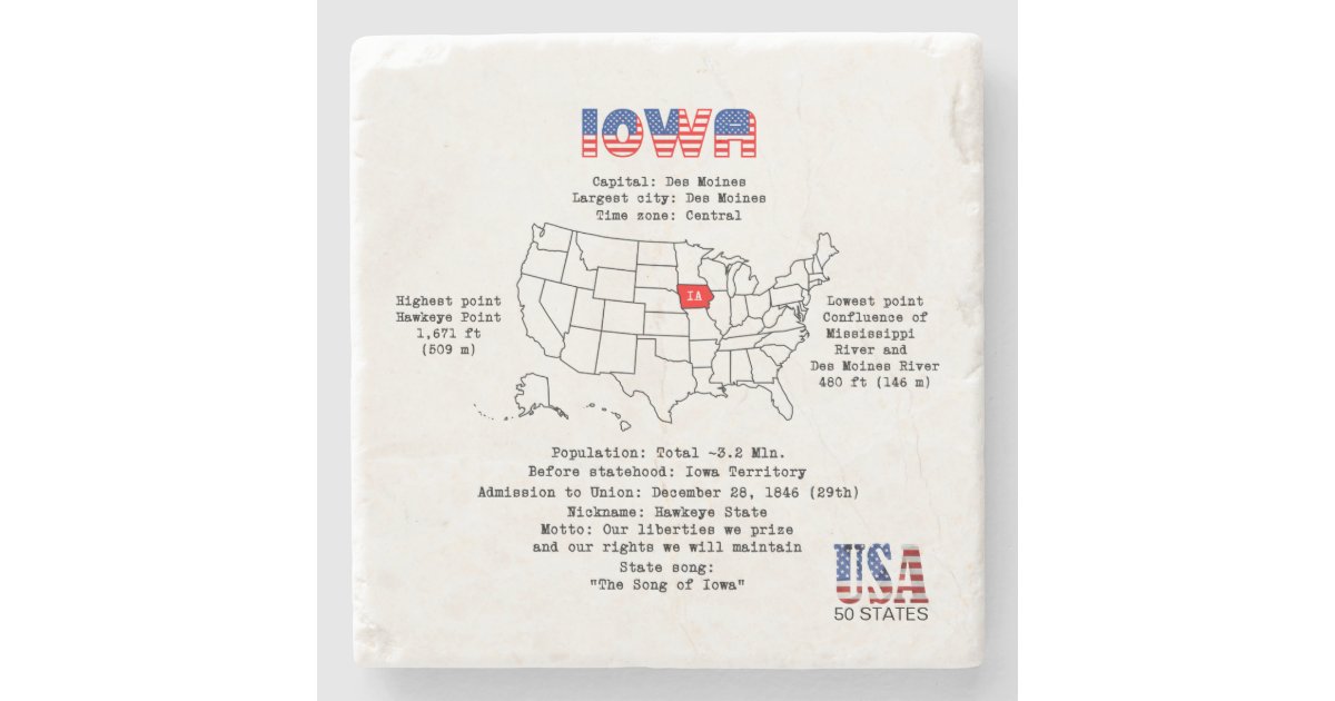 Iowa American state on a map and useful info Stone Coaster | Zazzle