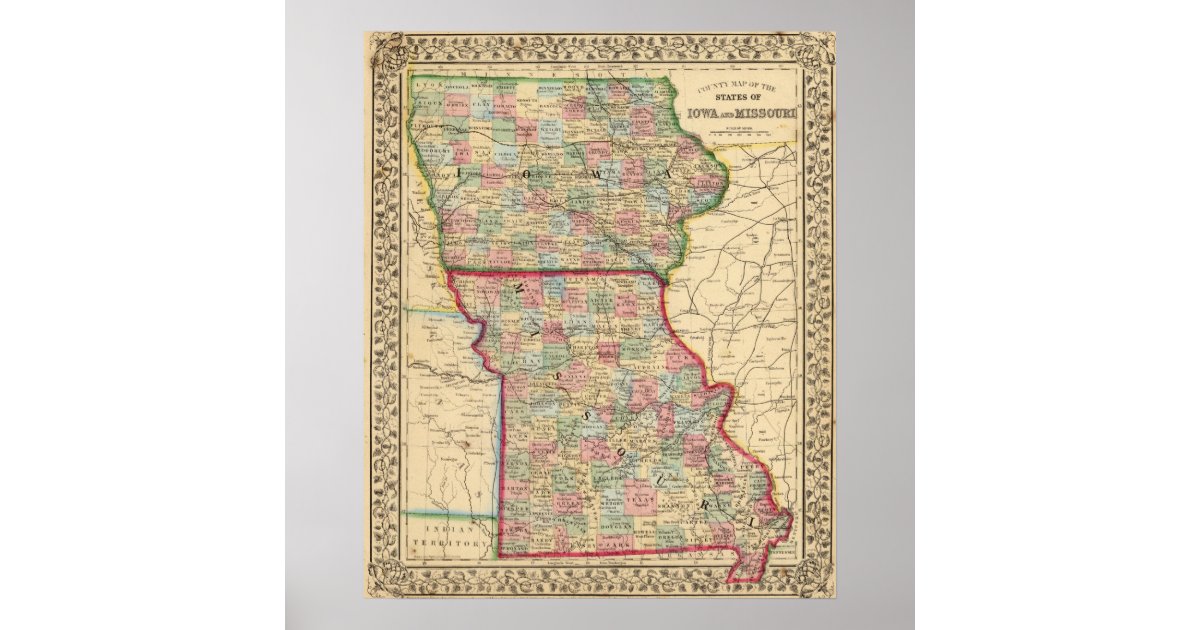 Iowa, Missouri Map by Mitchell Poster | Zazzle