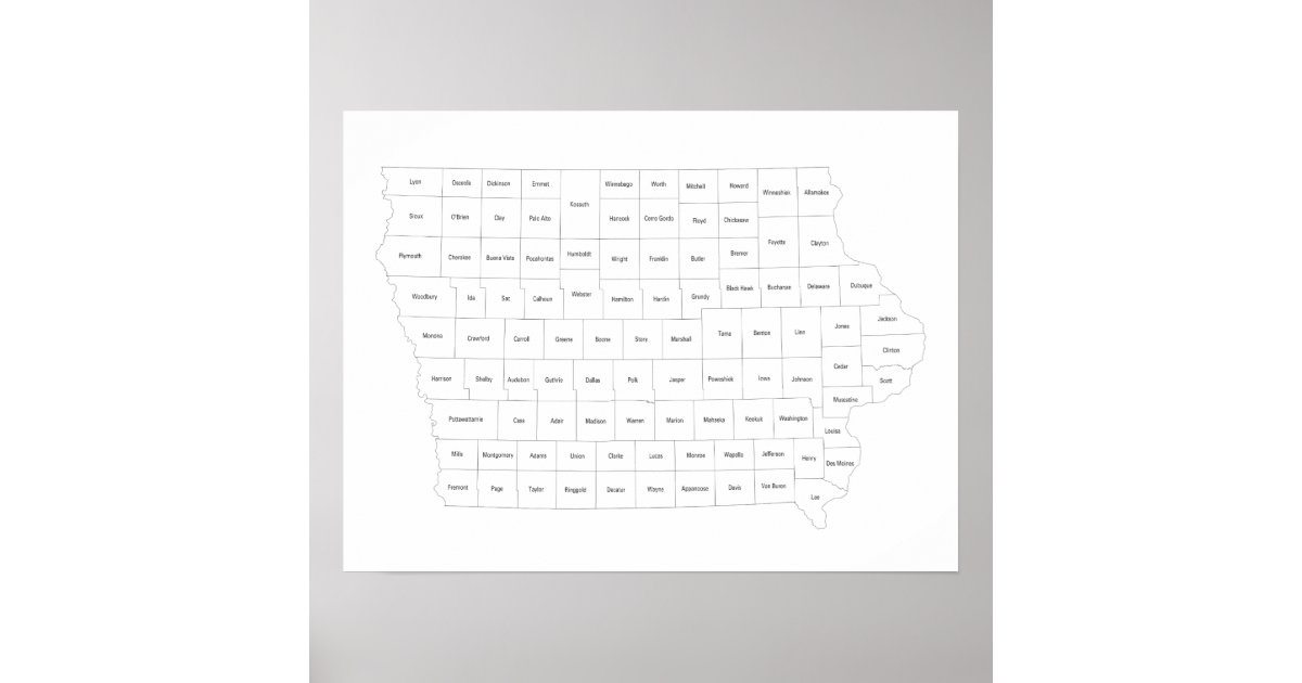 Iowa state map with county outlines and names poster | Zazzle