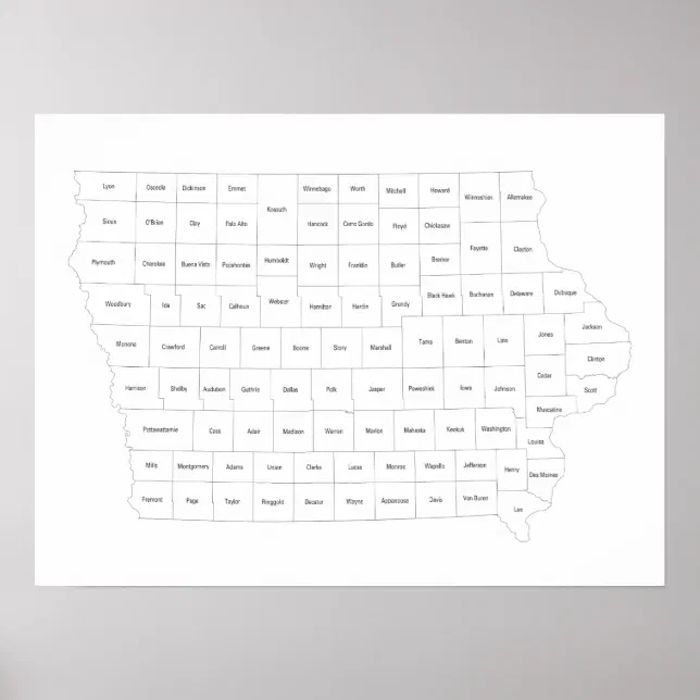 Iowa state map with county outlines and names poster | Zazzle