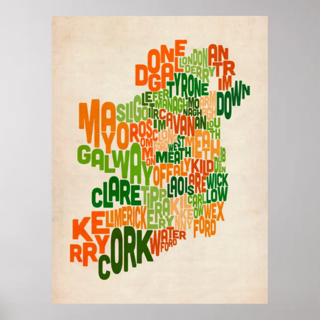 Ireland Eire County Text Map Poster | Zazzle