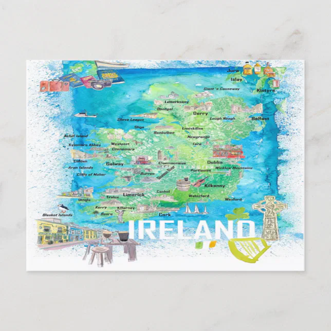Ireland Illustrated Travel Map with Roads Postcard | Zazzle