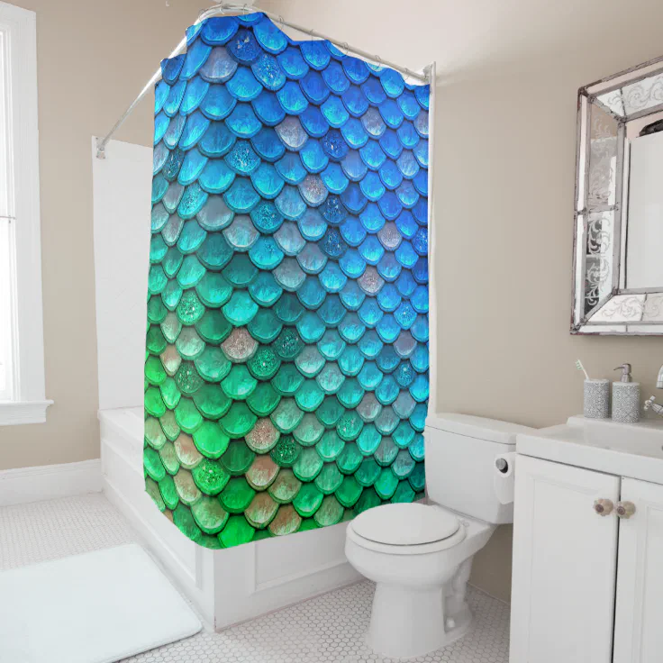 Iridescent Blue Green Glitter Mermaid Fish Scales Shower Curtain | Zazzle