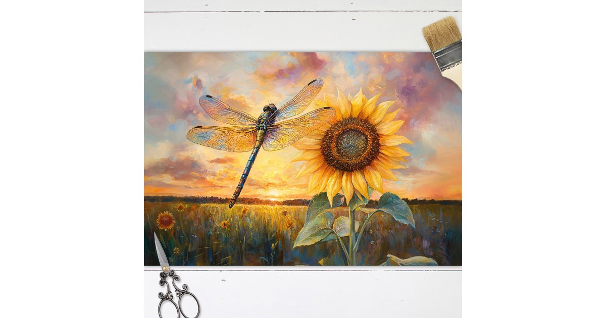 Iridescent Dragonfly Rustic Sunflower Decoupage Tissue Paper | Zazzle