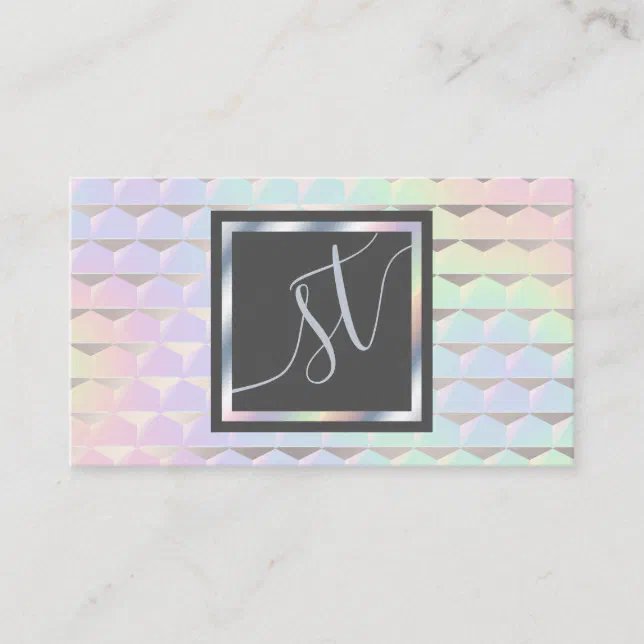 Iridescent Faux Holographic Pattern Monogram Business Card | Zazzle