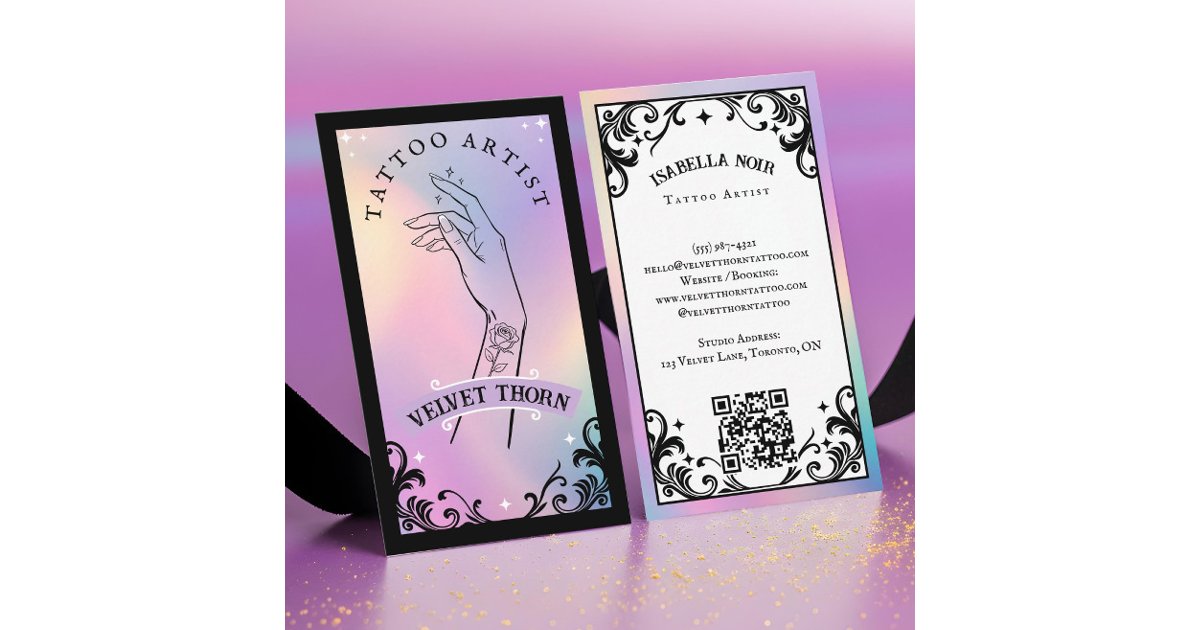 Iridescent Holographic Gothic Tattoo Artist Business Card | Zazzle
