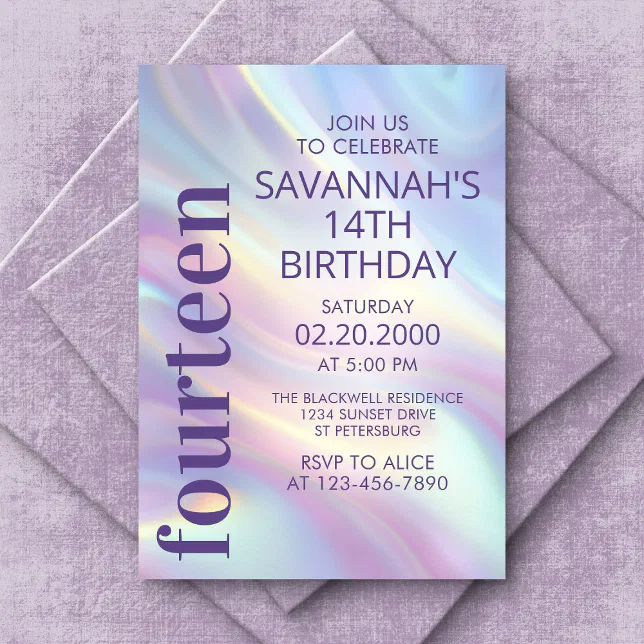 Iridescent Holographic Purple Birthday Invitation | Zazzle