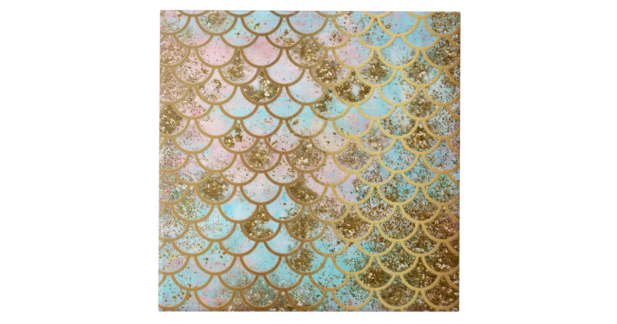 Iridescent Pink Gold Glitter Mermaid Fish Scales Tile | Zazzle