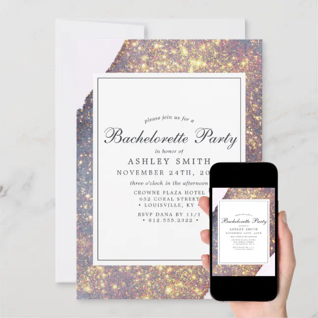 Iridescent Purple Gold Glitter Bachelorette Party Invitation | Zazzle