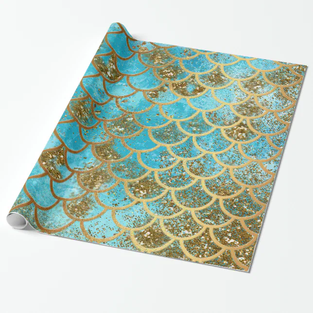 Iridescent Teal Gold Glitter Mermaid Fish Scales Wrapping Paper | Zazzle