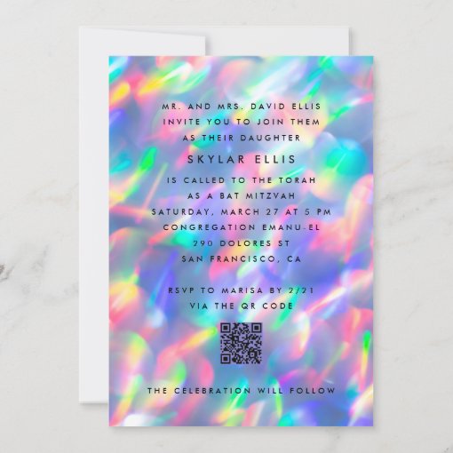 Iridescent Ultra Modern bat mitzvah QR CODE RSVP Invitation | Zazzle
