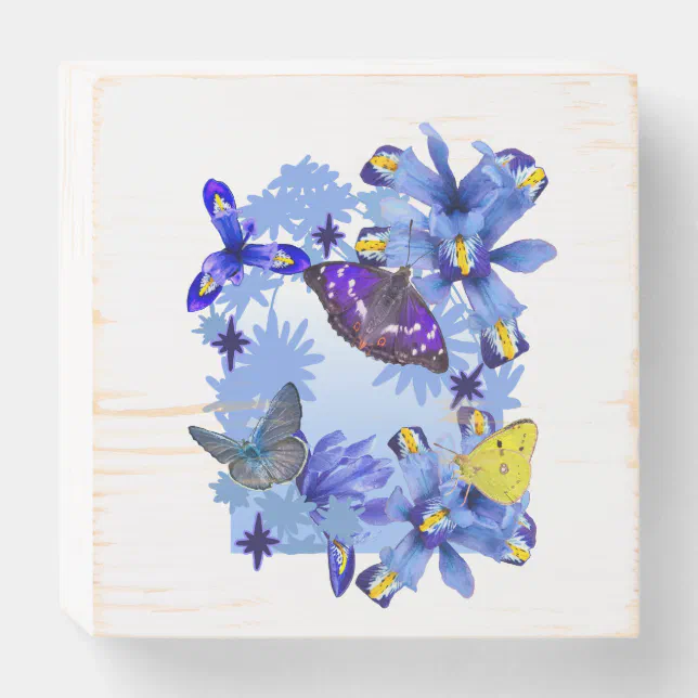 Iris Flowers with Butterflies Wooden Box Sign | Zazzle